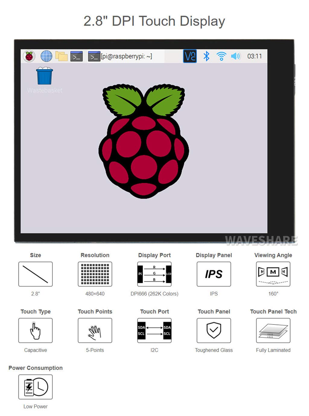 Coolwell Waveshare 2.8inch Capacitive Touch Screen LCD DPI Display for Raspberry Pi, 480×640, IPS Wide Viewing Angle, Fully Laminated Toughened Glass Cover