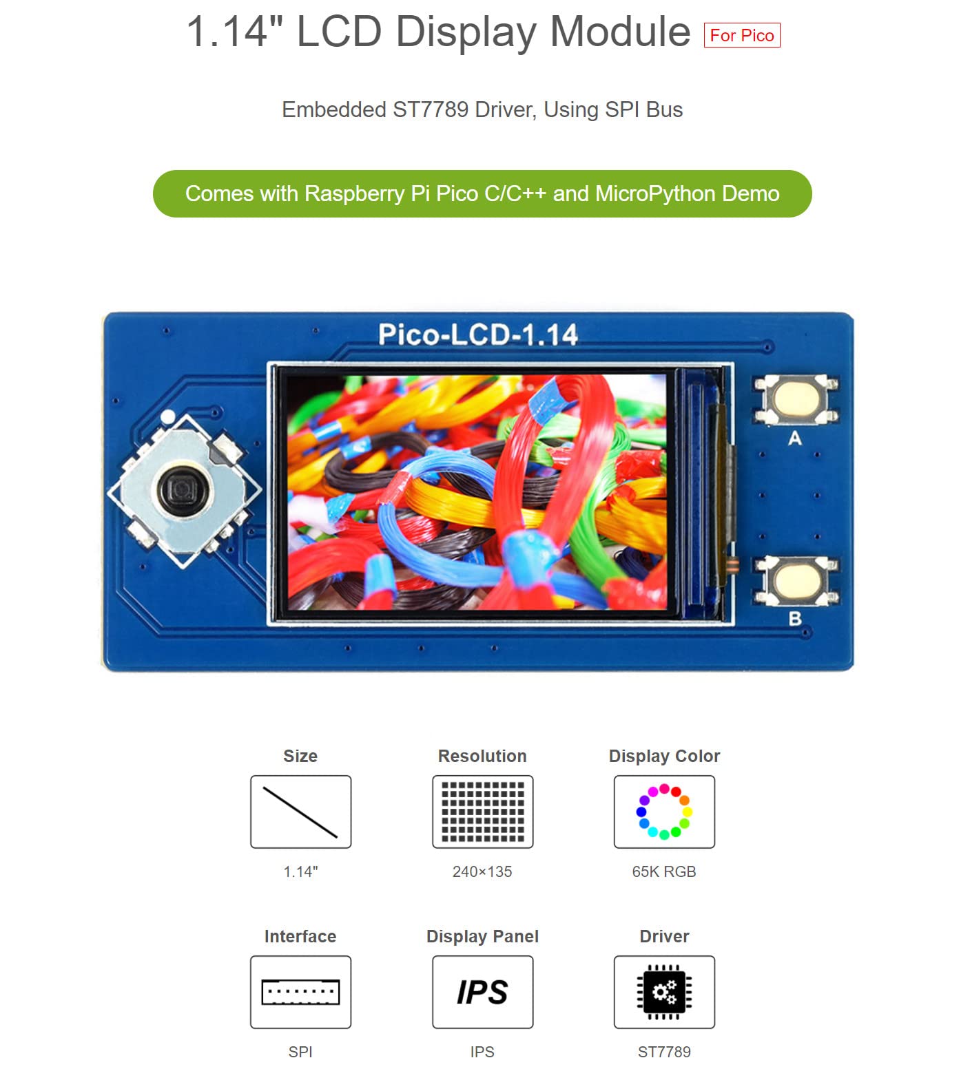 Coolwell Waveshare 1.14inch LCD Display Module for Raspberry Pi Pico, Embedded ST7789 Driver, 65K RGB Colors, 240×135 Pixels, Using SPI Bus
