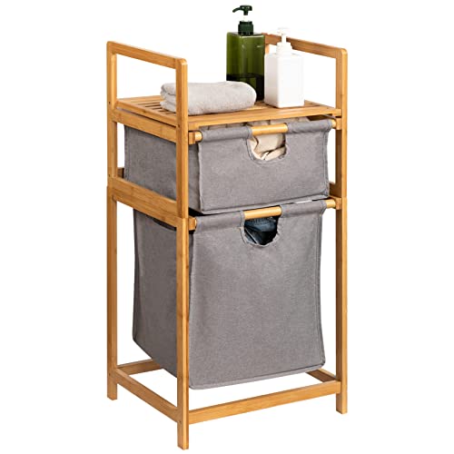 ALIMORDEN Natural Bamboo Freestanding Laundry Storage Basket, Household Laundry Basket with Bamboo Shelf, Laundry Storage Rack Dormitory, Gray