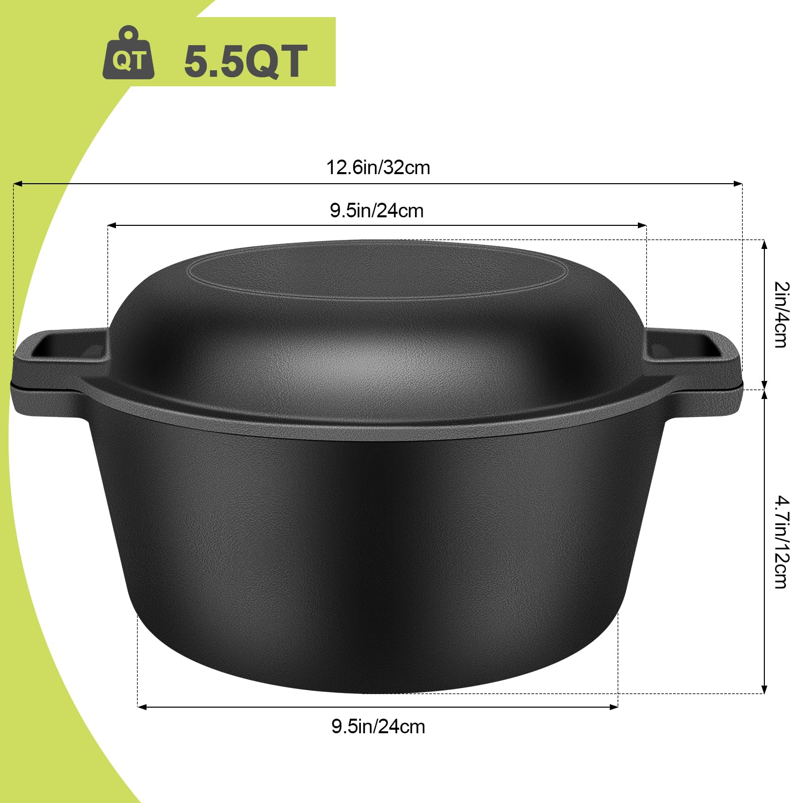 RAINBEAN 2-in-1 Pre-Seasoned Cast Iron Dutch Oven Pot with Skillet Lid Cooking Pan,5.5 QT Dual Handles Dutch Oven Pot with Lid,Heavy-Duty Non-stick Round Dutch Oven for Bread Baking, Stewing, Roasting