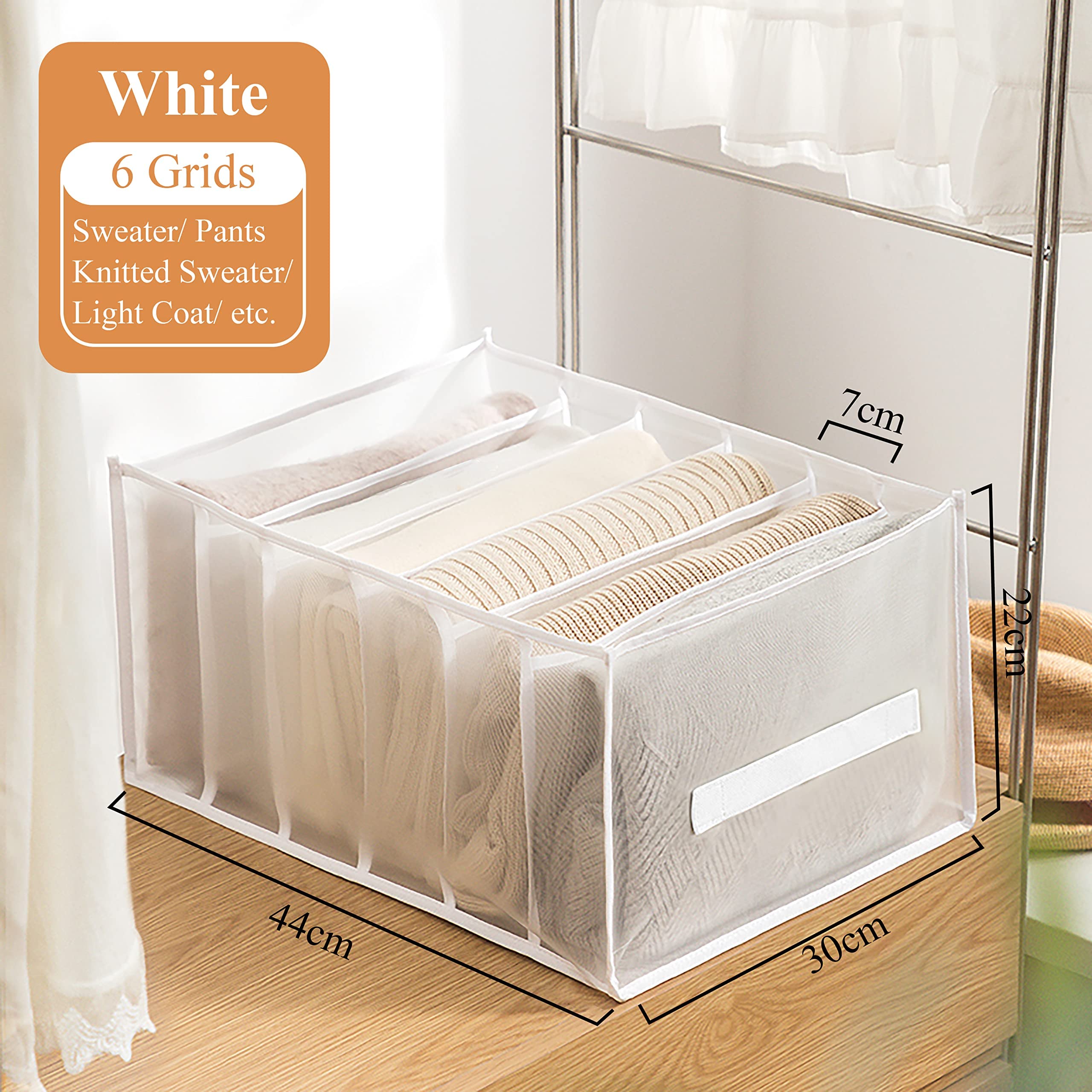 2PCS Extra-large Clothes Drawer Organizers, Foldable Wardrobe Clothes Organizer, 6 Grids Clothes Storage Box for Sweater, Coat -White