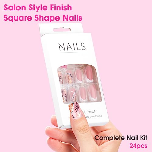 24 Pcs Press On Nails, Gel Nail Kit, Women's French Shrub Leaves False Nails, Full Cover False Nails Easy Home DIY Manicure with Square Nails Glue, Prep Pad, Mini Nail File, Nail Remover Stick