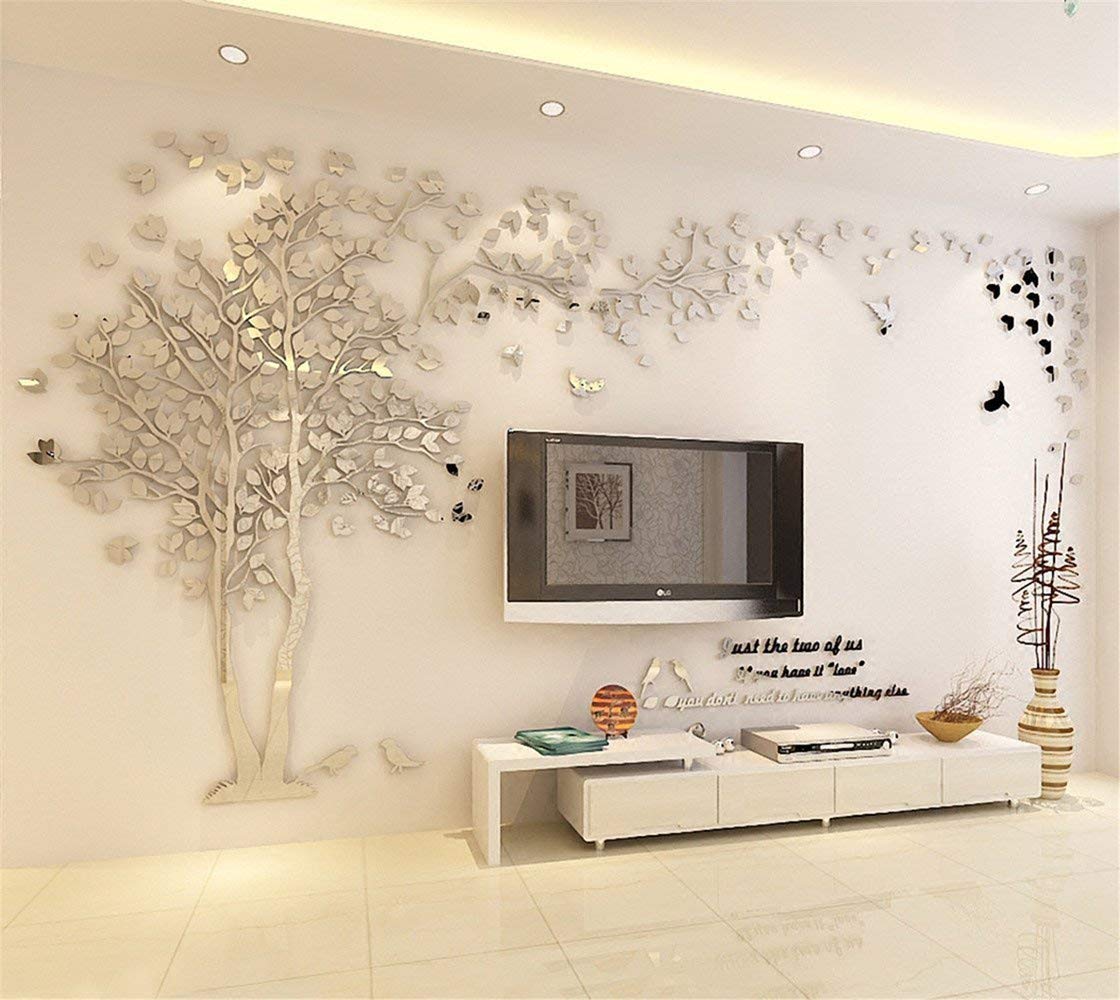 3D Tree Wall Stickers - DIY Tree and Birds Wall Decals Family Couple Tree Stickers Murals Wall Decor for Living Room Bedroom TV Background Home Decorations(Silver Left,M-98X51in)
