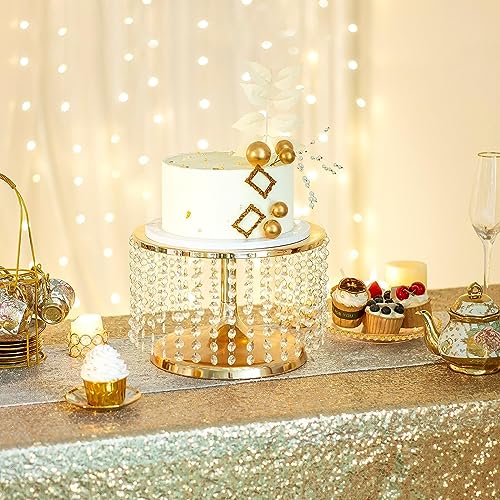 8 Inch Tall Wedding Gold Cake Stand - 12" Dia Round Base Cake Serving Stand with Crystal Chandelier, Dessert Cupcake Pastry Candy Display Plate for Weddings, Birthdays and Special Occasions