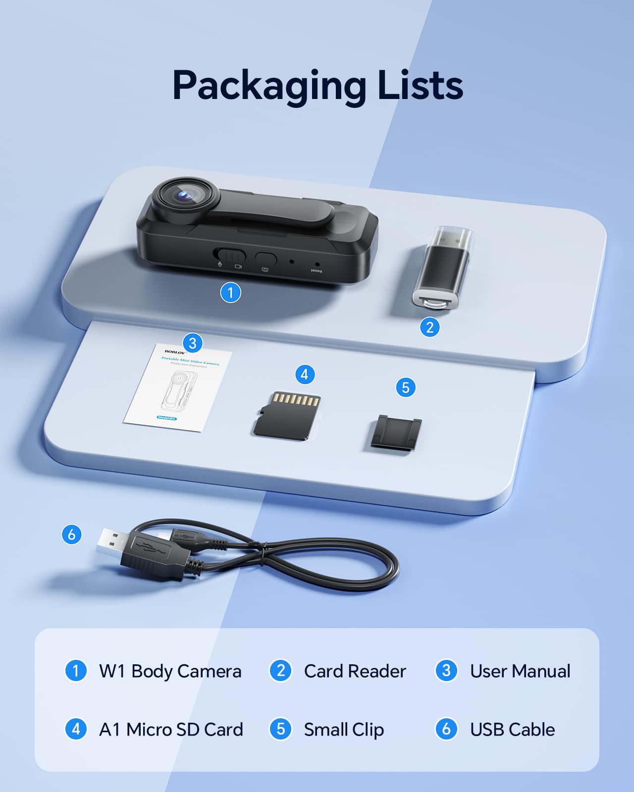 BOBLOV W1 64GB HD 1080P Body Worn Camera, Wearable Body Camera with 2 Clips, Loop Recording Video Camera, Support Time Stamp, Back Clip for Traveling, Driver, Delivery Man, Lecture Recording