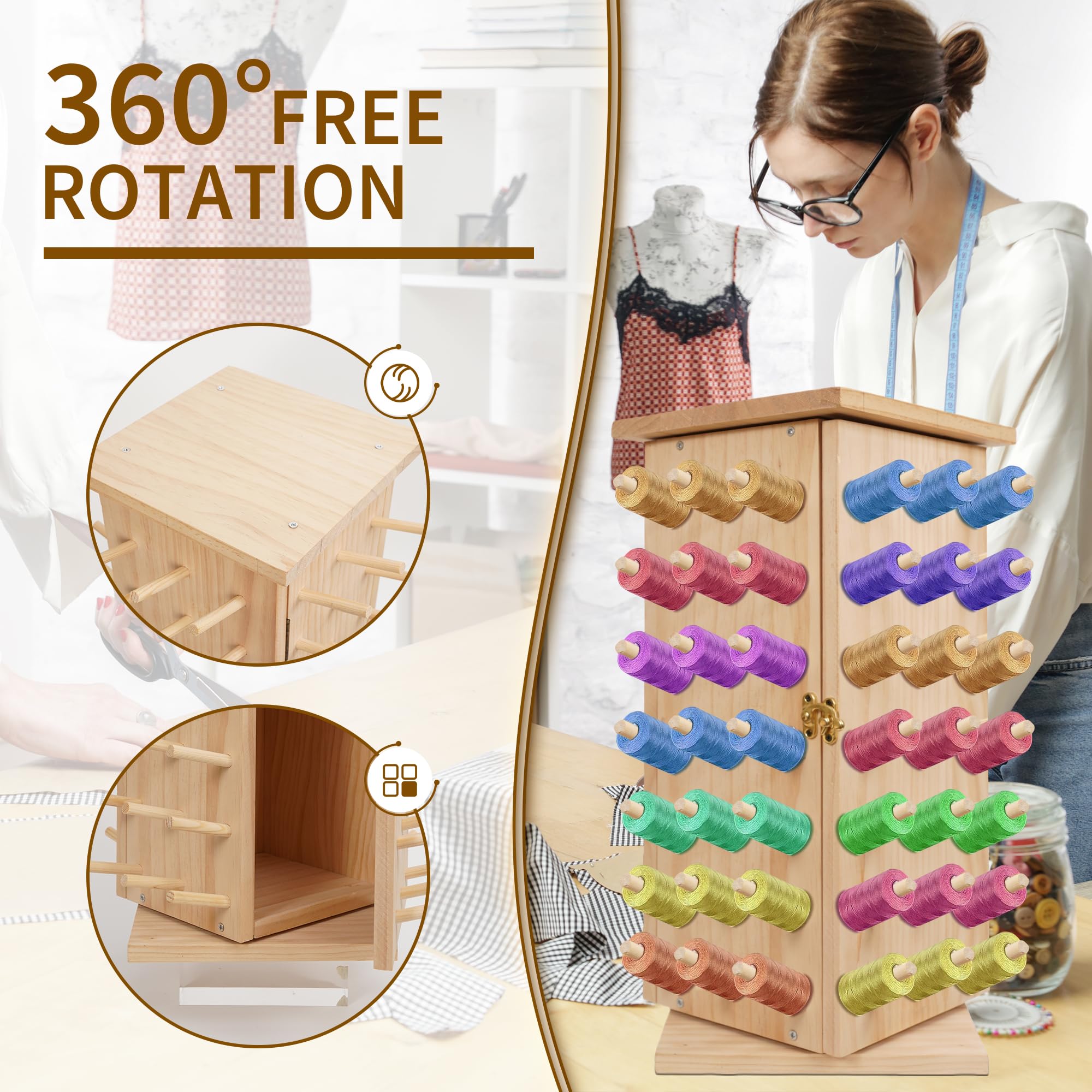 360° Fully Rotating Wooden Thread Holder,Embroidery Thread Organizer,Thread Rack for Sewing with 84 Spools,Thread Braiding Holder Storage for Quilting, Embroidery,Hair-braiding and Jewelry