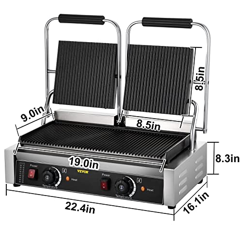 Happybuy 110V Commercial Sandwich Panini Press Grill 2X1800W Temperature Control 122°F-572°F Commercial Panini Grill for Hamburgers Steaks Bacons (Double Grooved Plates)