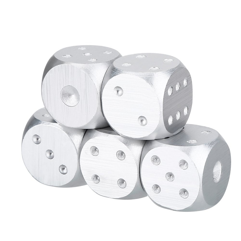 5pcs Table Game Dice, Aluminium Alloy Table Game Poker Games Dices Set with Storage Box for Table Games Poker Monopoly(Silver-Rectangle Box)