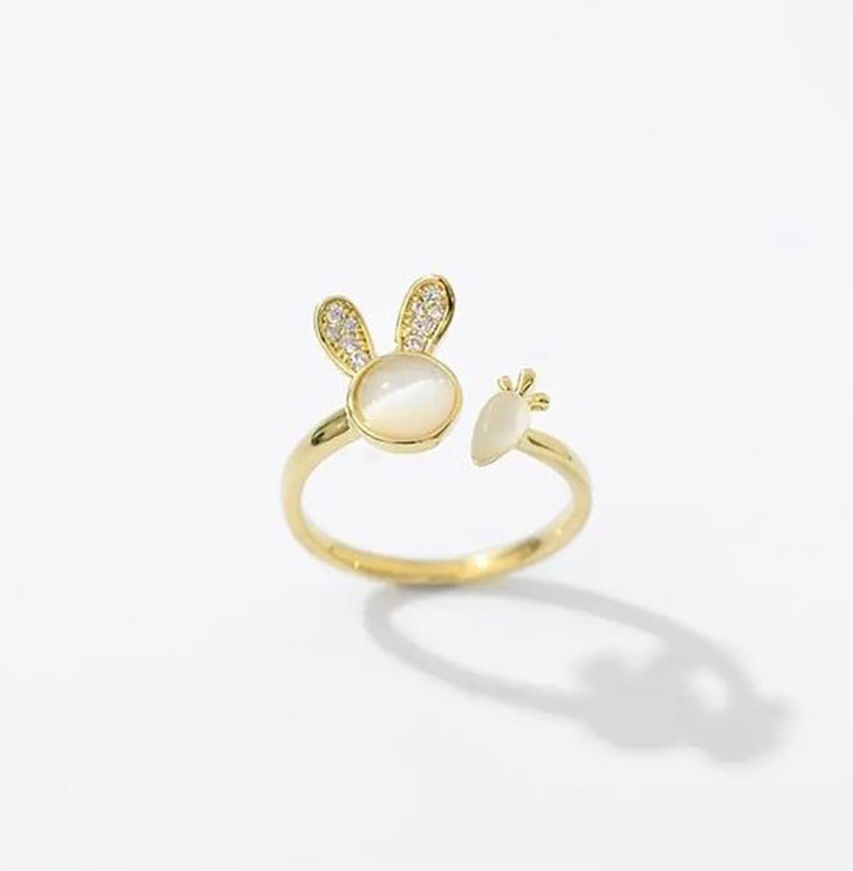 14K Gold Plated Copper Cute Bunny Rabbit Animal and Carrot Adjustable Ring Jewelry for Women