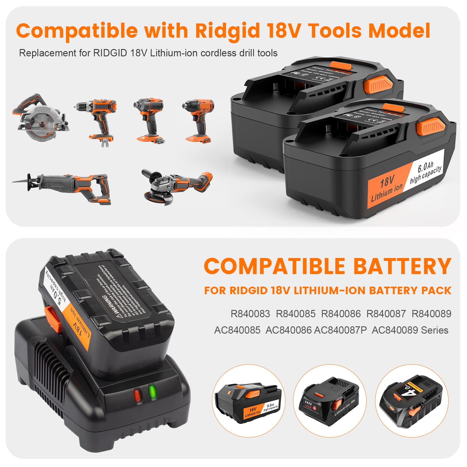 TREE.NB 2 Pack 6.0Ah 18V Battery Replacement for Ridgid Power Tool Battery with 18V Fast Charger Compatible R840087, R840083, R840085, R840086, AC840089, AC840085, AC840086, AC840087P