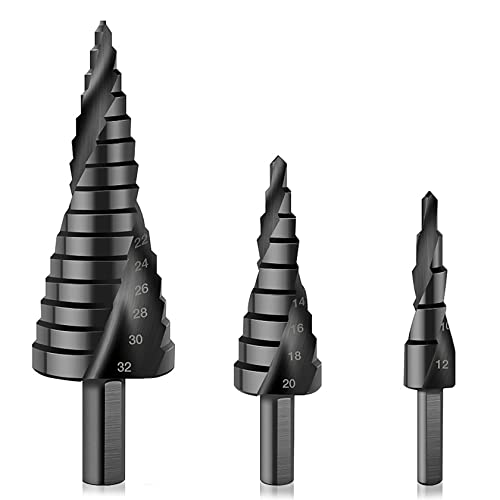 3PCS HSS Step Cone Drill Bit Set High Speed Steel Titanium Coated Hole Cutter Toll Set with Hex Shank Metric for Plastic Wood Metal Aluminum Copper (4-12mm, 4-20mm and 4-32 mm)