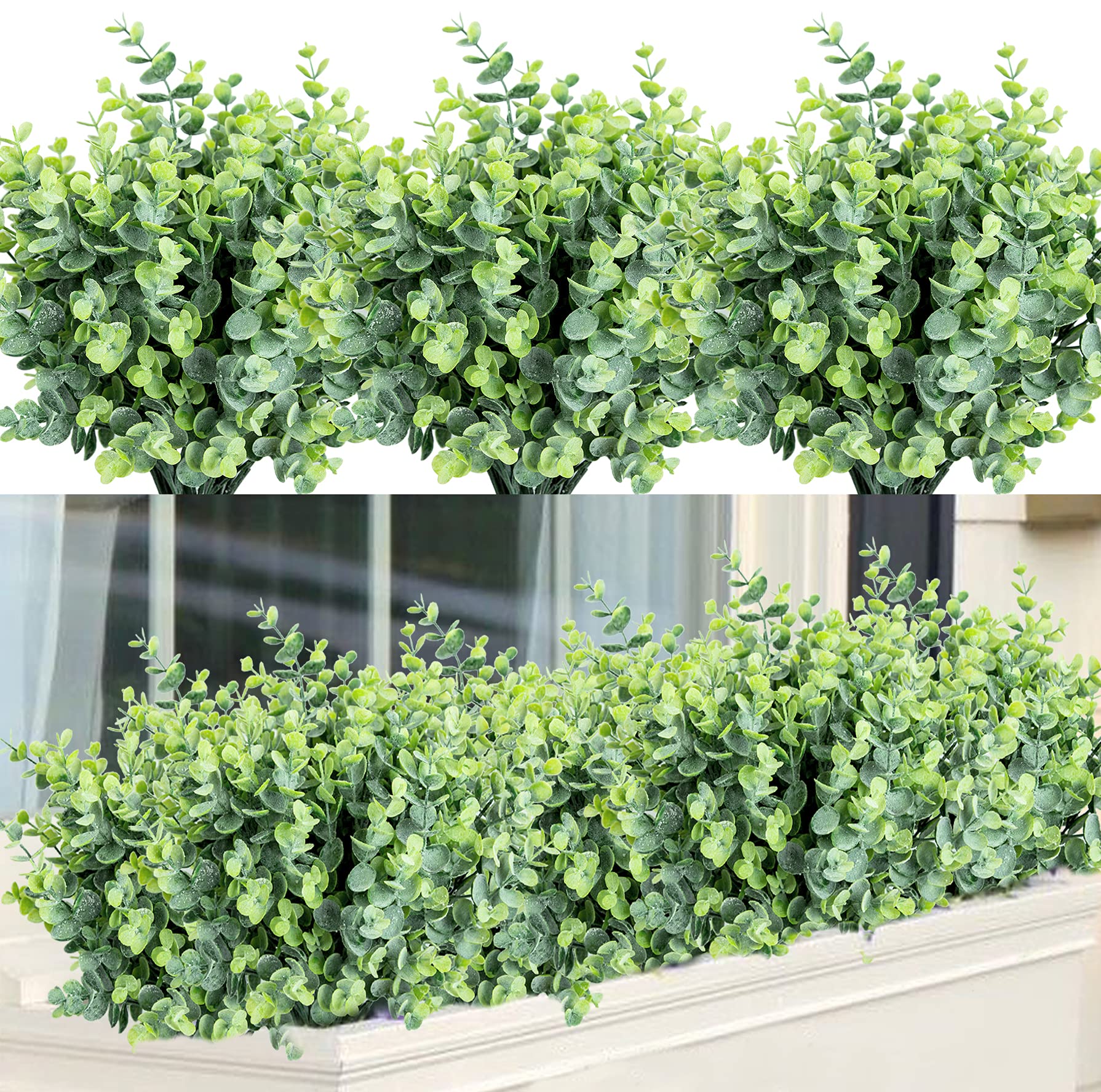 6 Bundles Artificial Boxwood Shrubs Eucalyptus Greenery Stems Fake Plants Outdoor Fade Resistant Faux Plastic Plants for Garden Home Porch Patio Window Box Bedoom Decor, Frosted Green