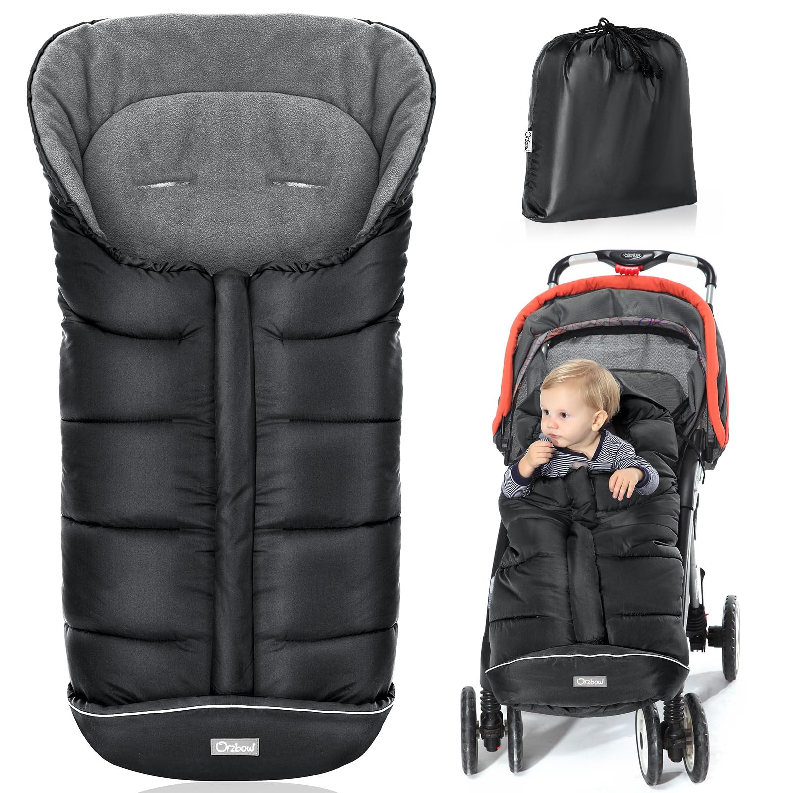 Orzbow Universal Footmuff for Stroller, Winter Warm Baby Stroller Bunting Bag, Waterproof Windproof Warm Polar Fleece Lined for Toddler Stroller Sleeping Bag, Black
