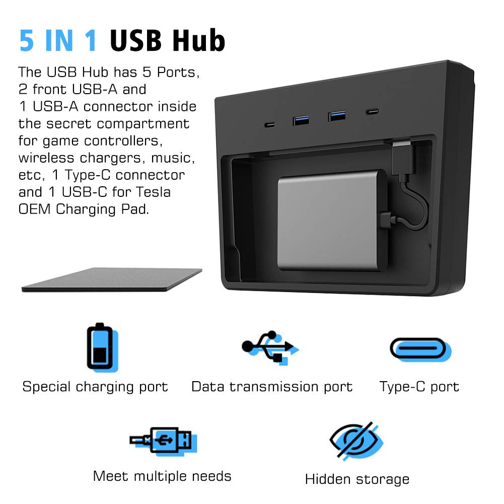CALIDAKA 5 in 1 Ports Tesl-a Model 3 Model Y USB Hub, Dashcam and Sentrys Mode Viewer USB-C Hub Dongle USB Tesl-a M 3 My Accessories, Custom Designed for Tesl-a Model 3/Y 2020 June Produce