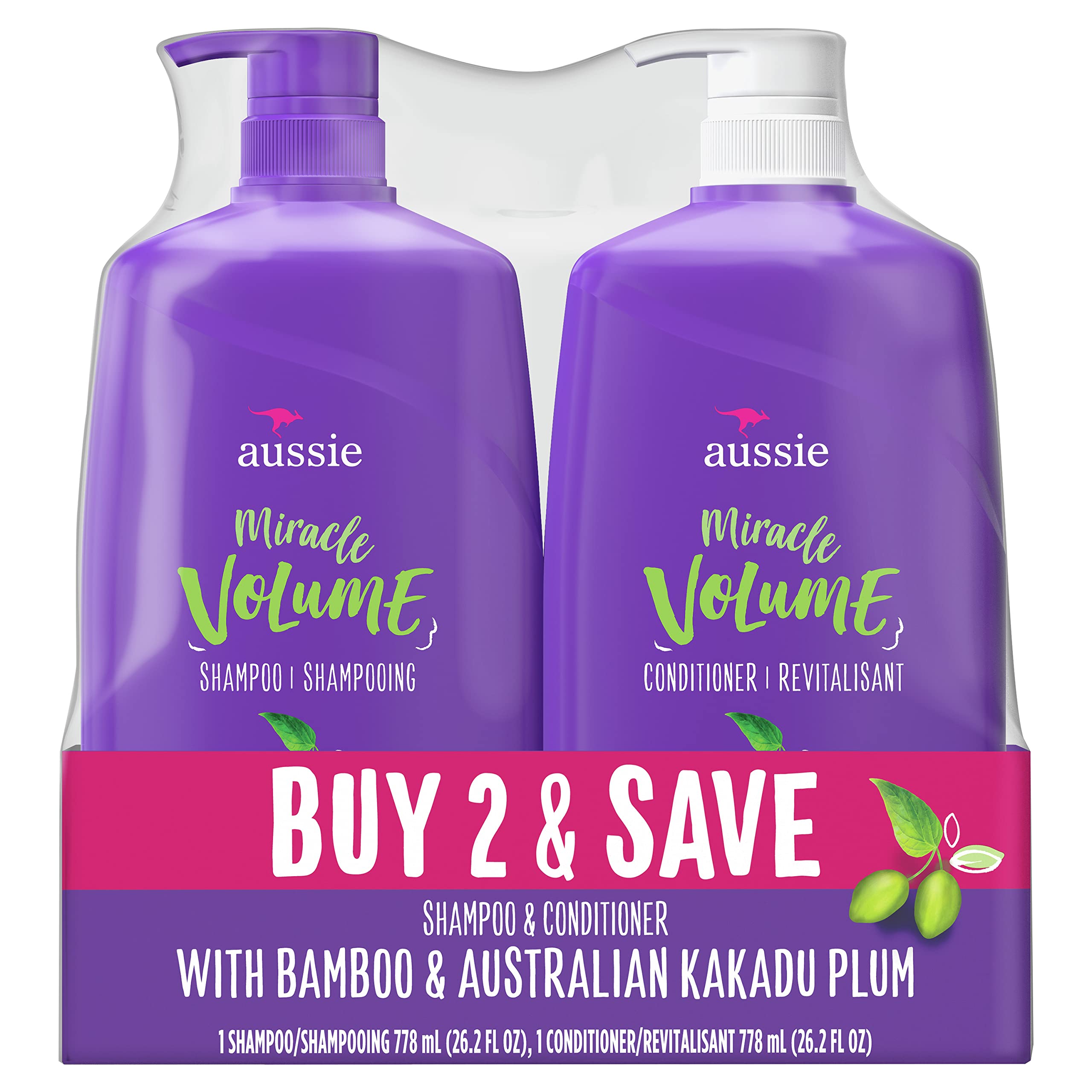 Aussie Miracle Volume With Bamboo & Kakadu Plum, Paraben Free Shampoo & Conditioner, 26.2 Fl Oz Dual Pack, 52.4 Fl Oz (Pack Of 2)
