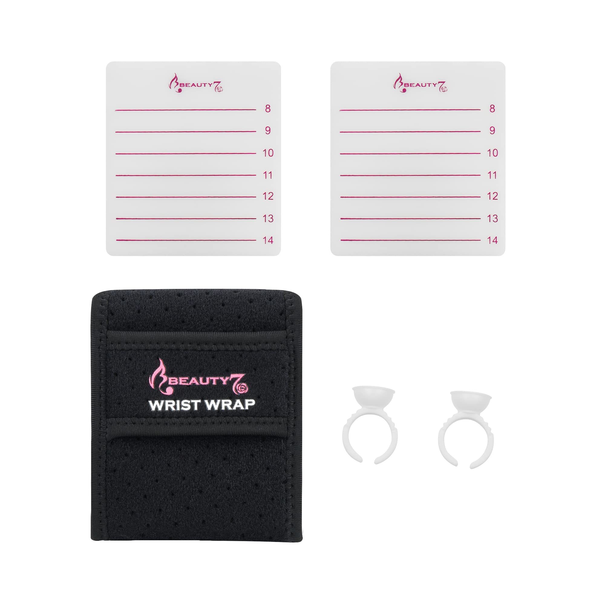 Beauty7 Eyelash Extension Holder Plate Pallet Stand Base Tray With Hand Wrist Wrap Tool Strip Glue Ring Kit For Professional Individual False Lashes (Wrist Wrap,Glue Ring,2x Pallet,3M Loop Tape)