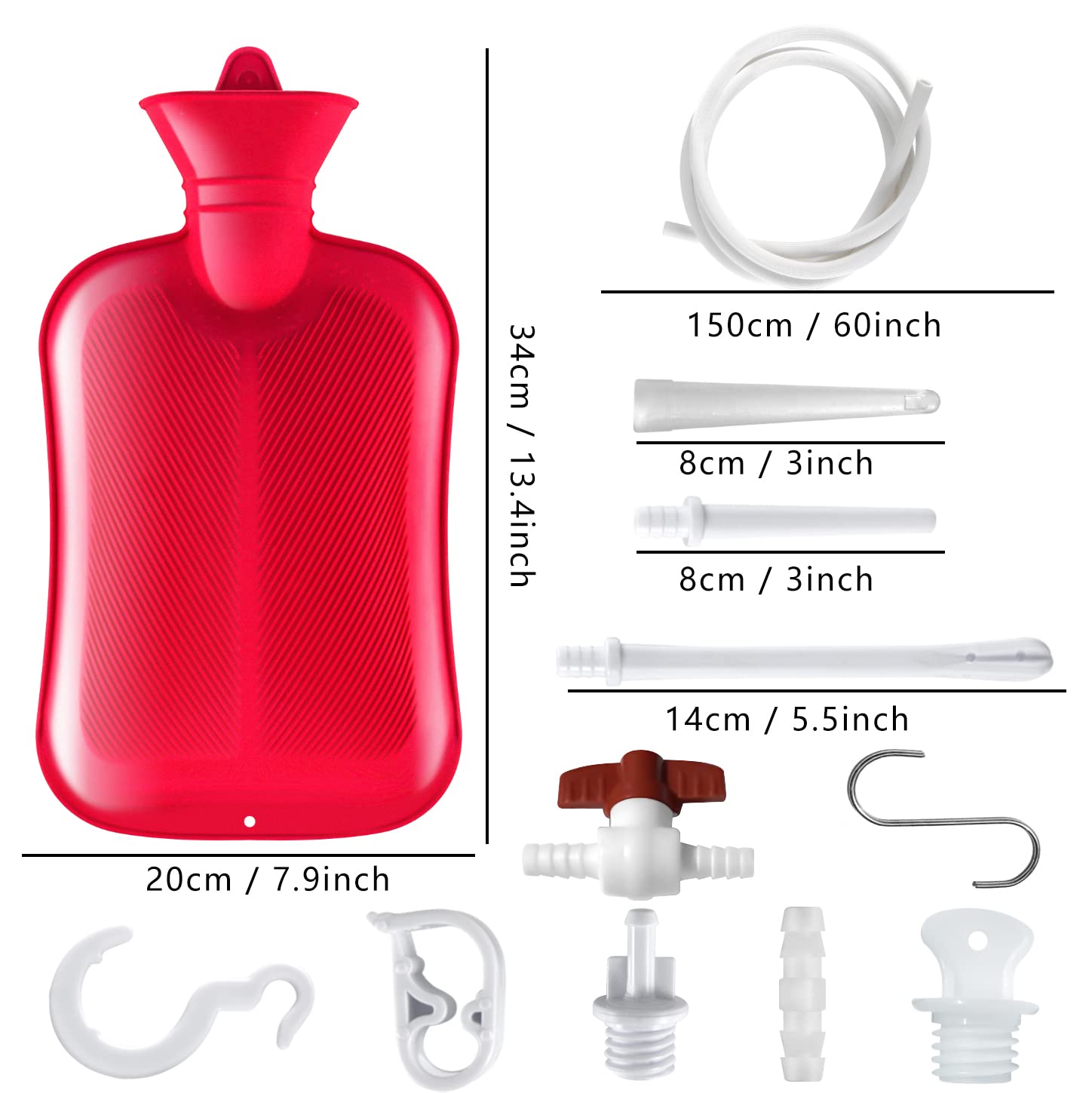 2 L Enema Bag Home Enema Kit with 3 Enema Tips,60 inch Long Silicone Hose, Controlable Water Flow Valve, Hot-Water Bottle for Colon Cleansing Enemas for Women/Men(Red)