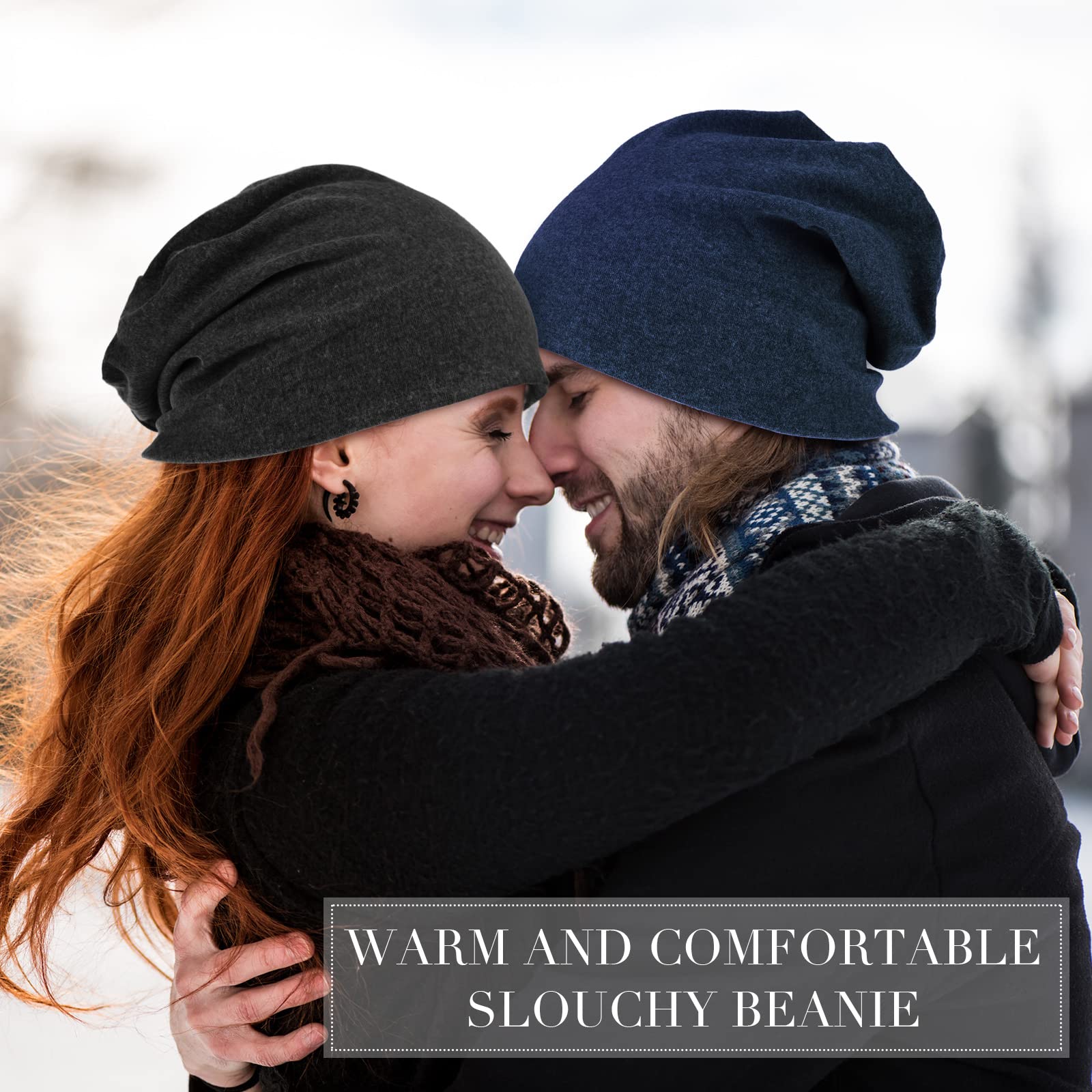 4 Pieces Slouchy Beanie Hat Sleeping Cap Baggy Skull Knit Sleeping Hat Headwear Head Wrap Cap for Men Women (Blue, Deep Gray, Black, Light Gray, Solid Color)