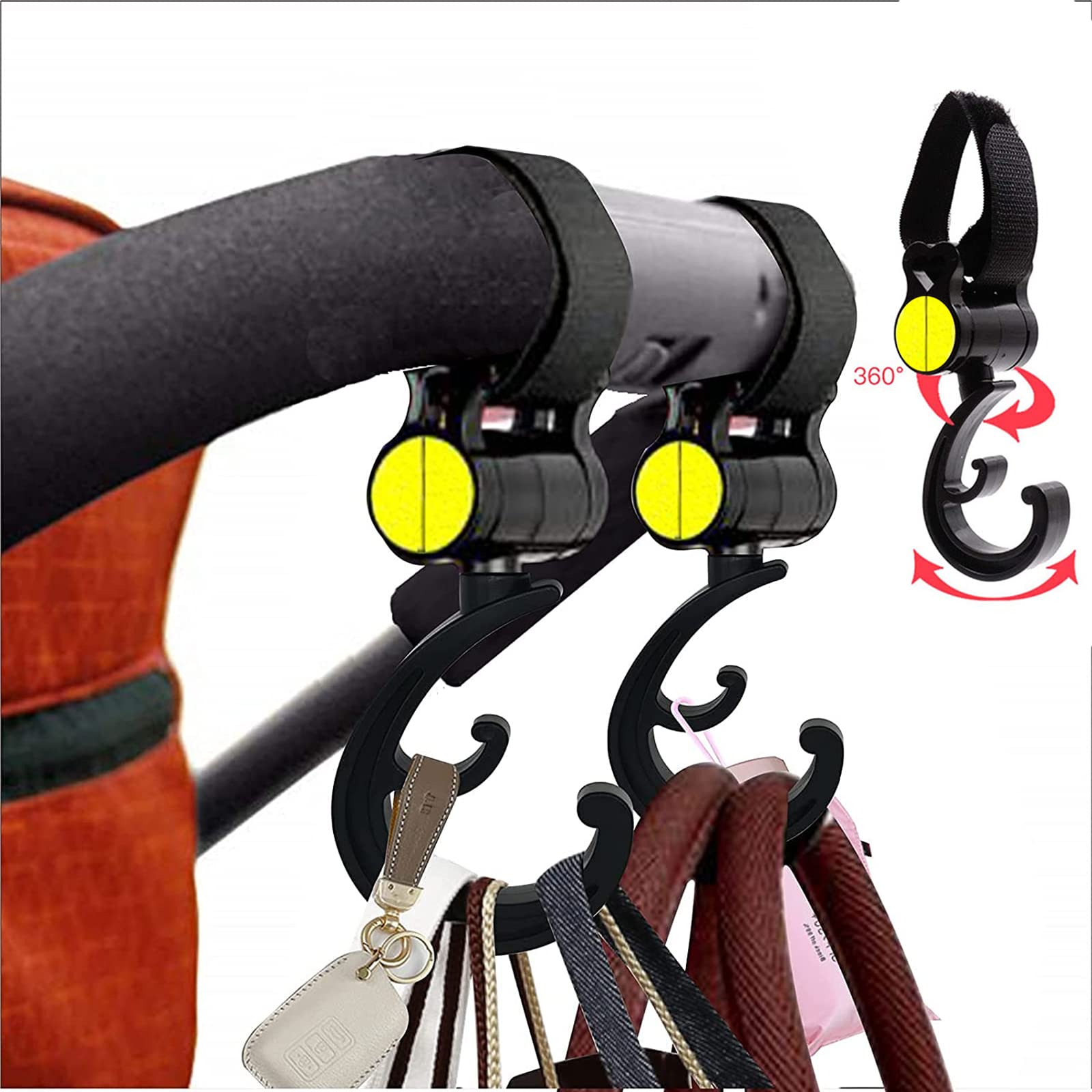 Stroller Hooks, Stroller Accessories Organizer Clip for Diaper Bags, 360-Degree Rotating Mommy Hook Holder for Stroller Bag, Shopping Cart, Grocery Bag with Stroller Wrist Strap Handle, Pack of 6