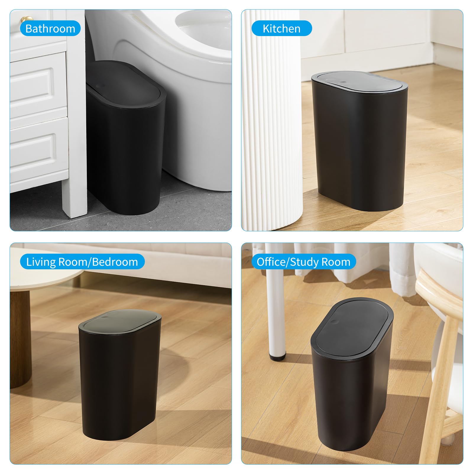 2 Pack Bathroom Trash Can with Lid, 4 Gallon/15L Narrow Garbage Can with Press Top Lid, Covered Trash Bin, Plastic Trashcan Slim Waste Basket for Kitchen, Bedroom, Office, Craft Room, Laundry, Black