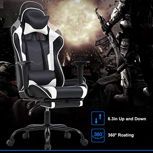 BestOffice Racing Office Ergonomic Desk Massage PU Leather Recliner Computer Lumbar Support Headrest Armrest Footrest Rolling Swivel Task Chair for, Adults, White