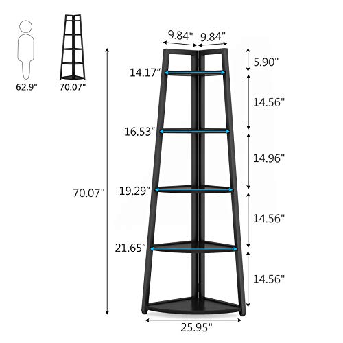 Tribesigns 5 Tier Corner Bookshelf and Bookcase, 70 inch Tall Corner Shelves Rustic Corner Ladder Shelf Indoor Plant Stand for Living Room, Kitchen, Home Office (Black)