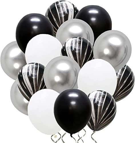 Marble Black and White Silver Party Set, 12 Inches 50 Pcs for Holiday Decoration Birthday Party Wedding Graduation Anniversary Bridal and Baby Latex Balloons