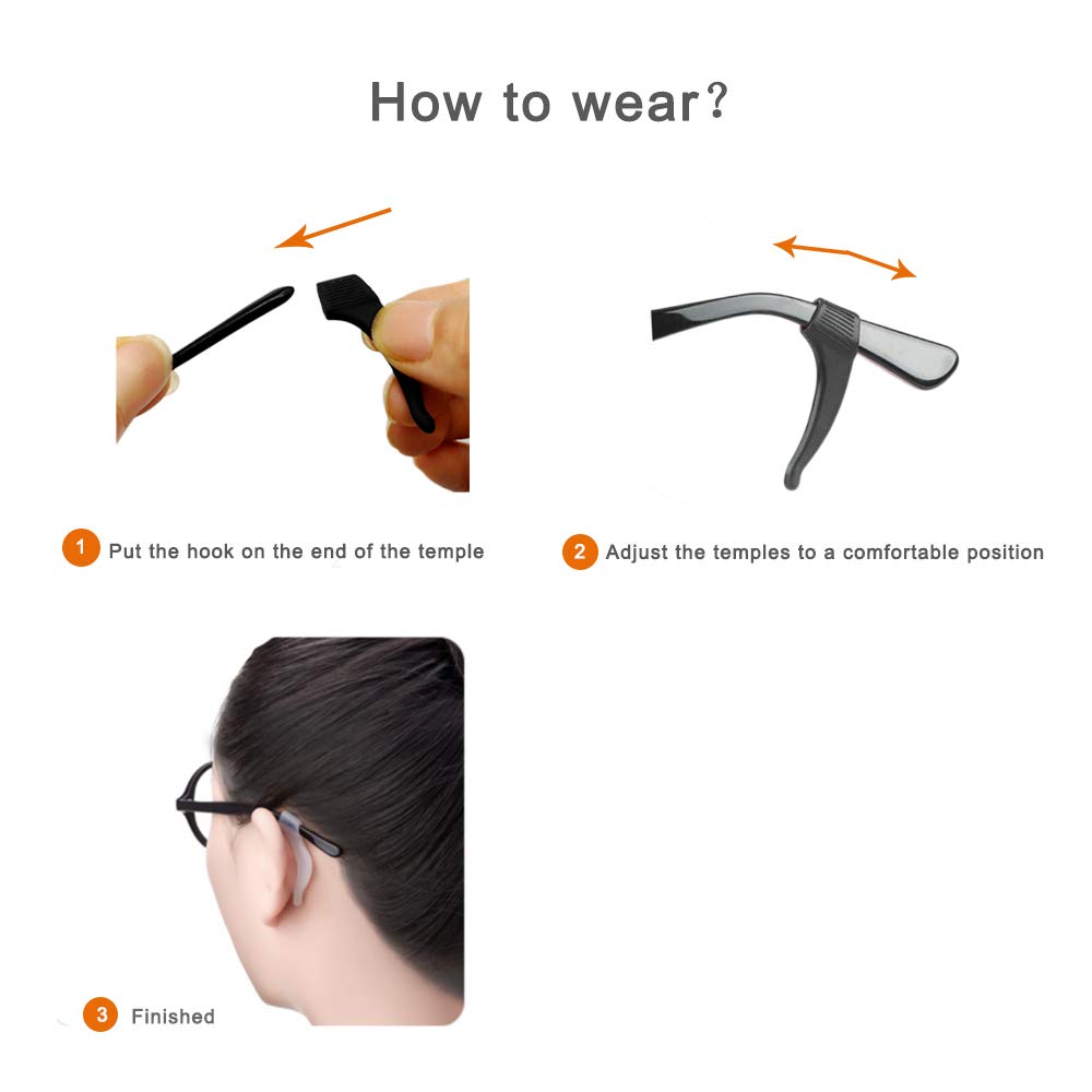 12 Pairs Kids and Adults Sport Eyeglasses Temple Tips Sleeve Retainer, Anti-Slip Eyeglasses Ear Grips,Soft Silicone Ear Hooks, Comfortable Eyeglasses Strap Holders, Eyewear Retainers(Black,Clear)