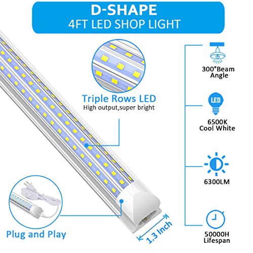 CNSUNWAY 4FT LED Shop Light, 48W 6300LM 6500K Super Bright, T8 Integrated LED Tube Lights, D-Shaped, High Output, Clear Cover, Linkable Shop Lights, LED Garage Light 4 Foot with Plug (6 Pack)