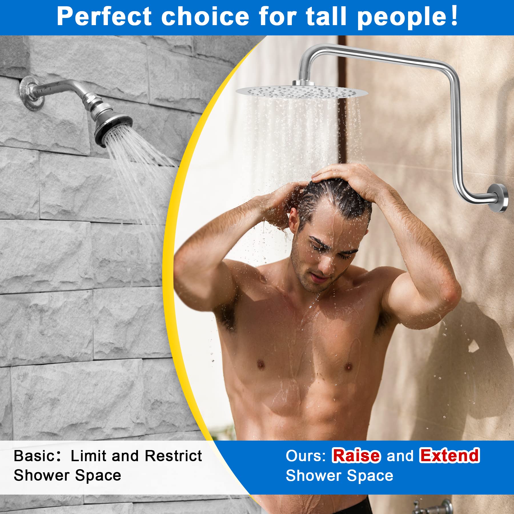 16.8 Inch S Shaped Shower Arm Height Extender Rainfall Head High Rise Shower Arm with Flange and Teflon Tape,304 Stainless Gooseneck Shower Arm Standard 1/2" Connection for Bathroom Accessory (Chrome)