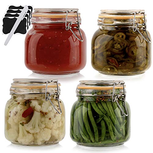 Glass Jars with Airtight Lid | Glass Airtight Food Storage Containers | Clear Leak Proof Rubber Gasket and Clamp Lid [Set of 4-25 oz]