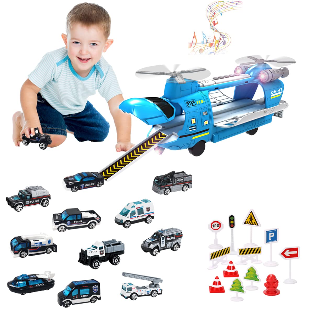 Airplane Toys with Music and Light Police Theme Transport Cargo Airplane Toy Play Set with 12 Road Sign Toy and 12 Alloy Vehicle Car Toy for 3 4 5 6 7 Year Old Boys and Girls Best Birthday Gift (Blue)