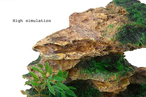 FEDOUR Aquarium Small Mountain View Stone Ornament, Moss Tree Rock Cave Landscape Artificial Fish Tank Decoration, with 6pcs Plants (Ash Browns)