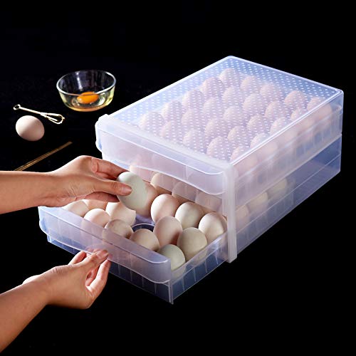 Hershuing Large Capacity Egg Holder for Refrigerator, Household Egg Fresh Storage Box for Fridge, Multi-Layer Chicken Egg Storage Container (Clear, 2-Layer 60 Grid Egg Drawer)