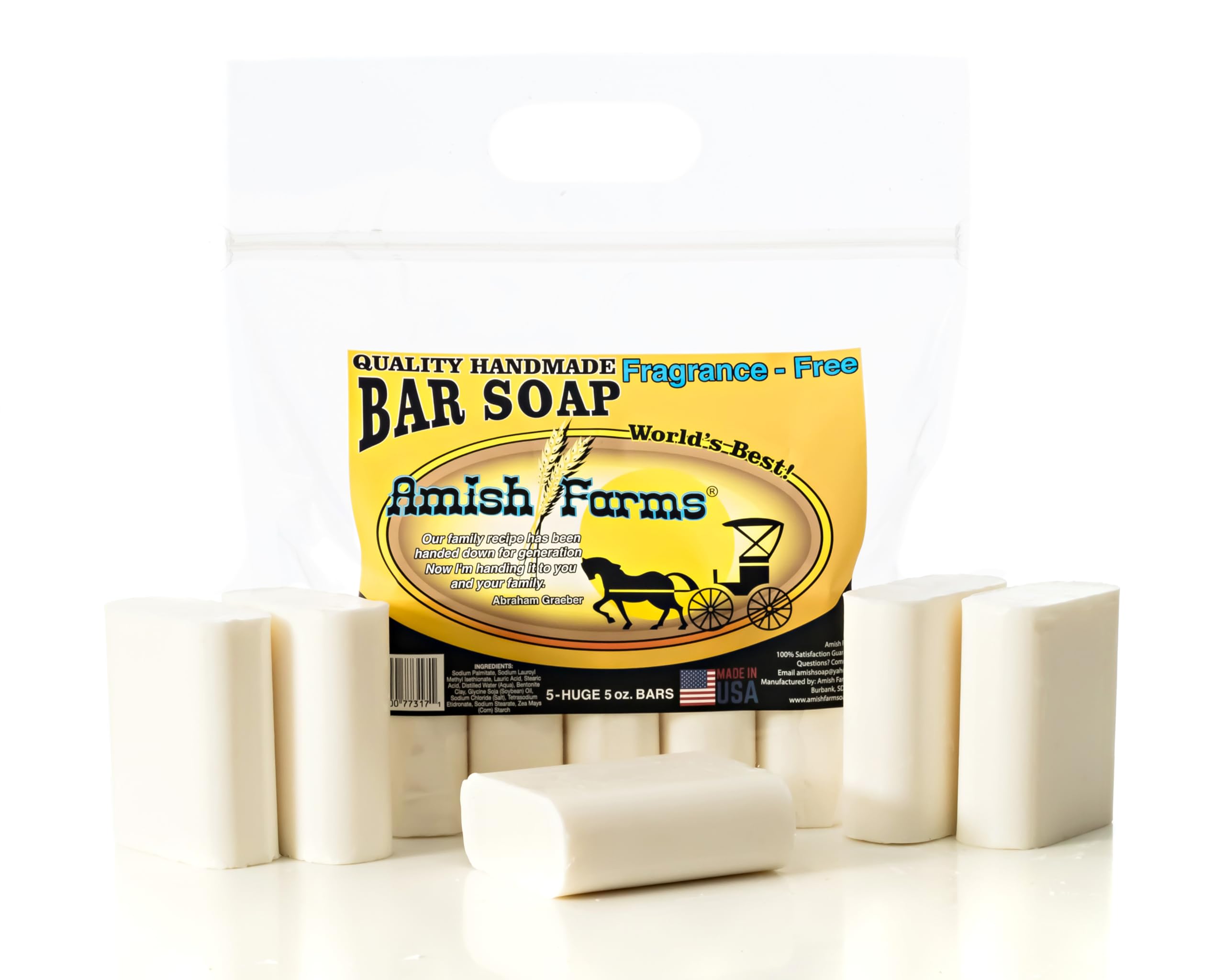 Amish Farms Fragrance-Free & Dye-Free Natural Bar Soap for Sensitive Skin (Huge 5 Bars) - Made in USA, Moisturizing Native Unscented Bar Soap (5-Pack)