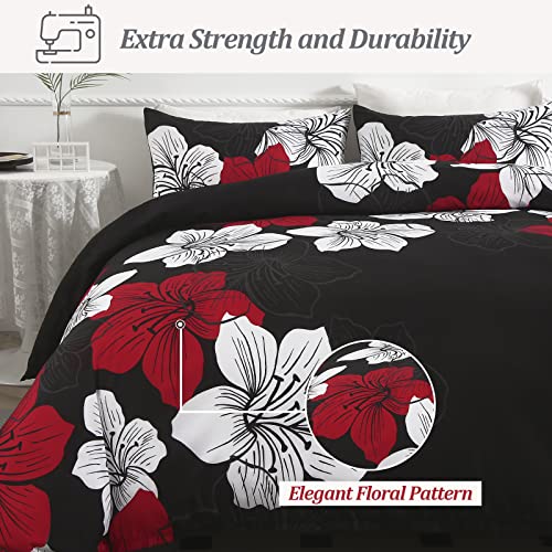 3 Pieces Duvet Cover Set Queen Red Floral Pattern Comforter Cover Elegant Boho Floral Duvet Cover with 2 Pillow Cases Lightweight Microfiber Bedding Duvet Cover Set All Season (Black, 90"x90")
