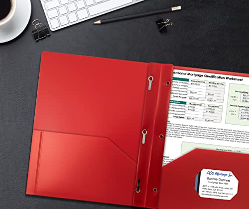 Better Office Products Red Plastic 2 Pocket Folders with Prongs, Heavyweight, Letter Size Poly Folders, 24 Pack, with 3 Metal Prongs Fastener Clips, Red