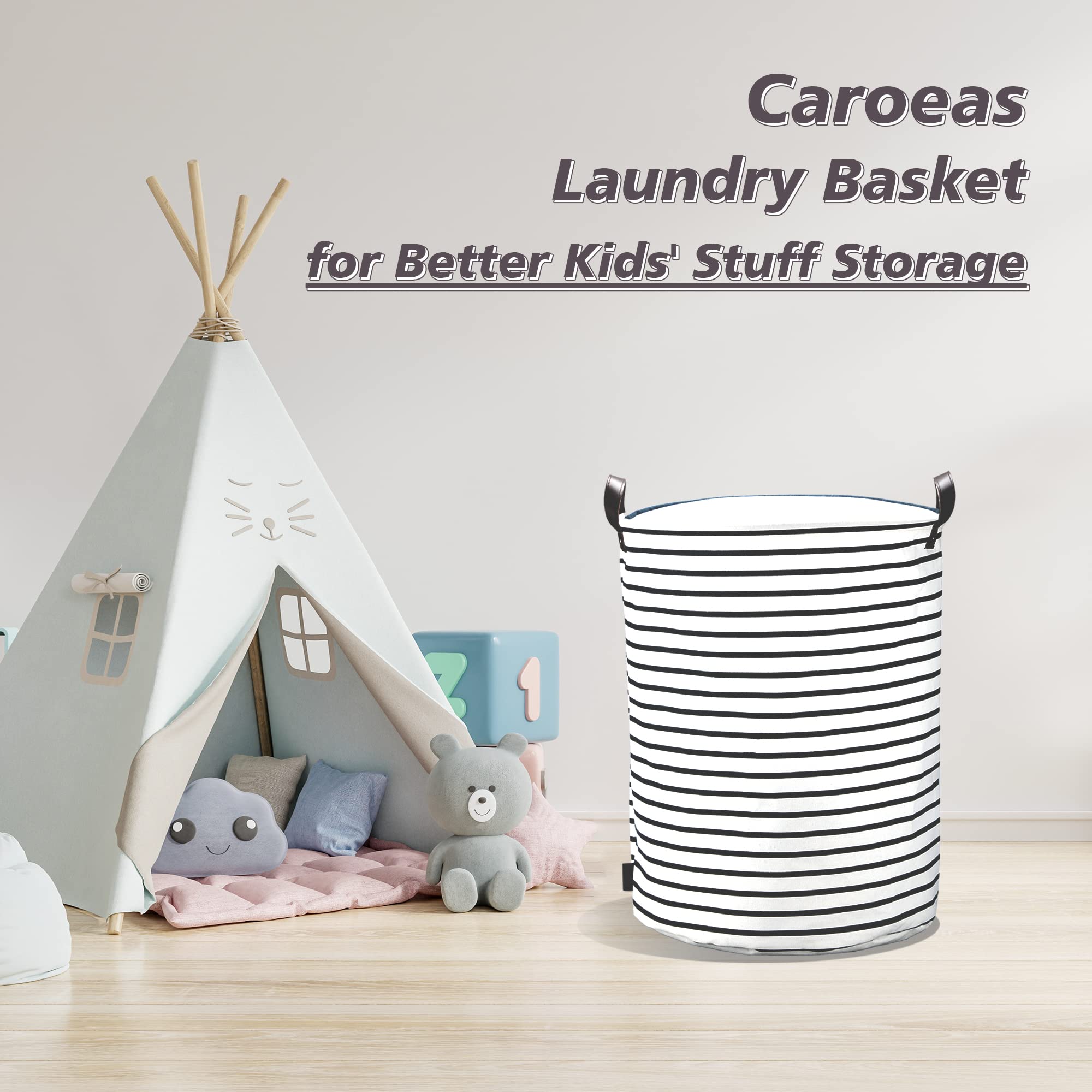 Caroeas 18.0-Inches Thicken Laundry Basket, Waterproof Large Laundry Basket Drawstring Closure, Collapsible Laundry Basket Soft Leather Handles, Laundry Hamper Easy Storage, Clothes Hamper