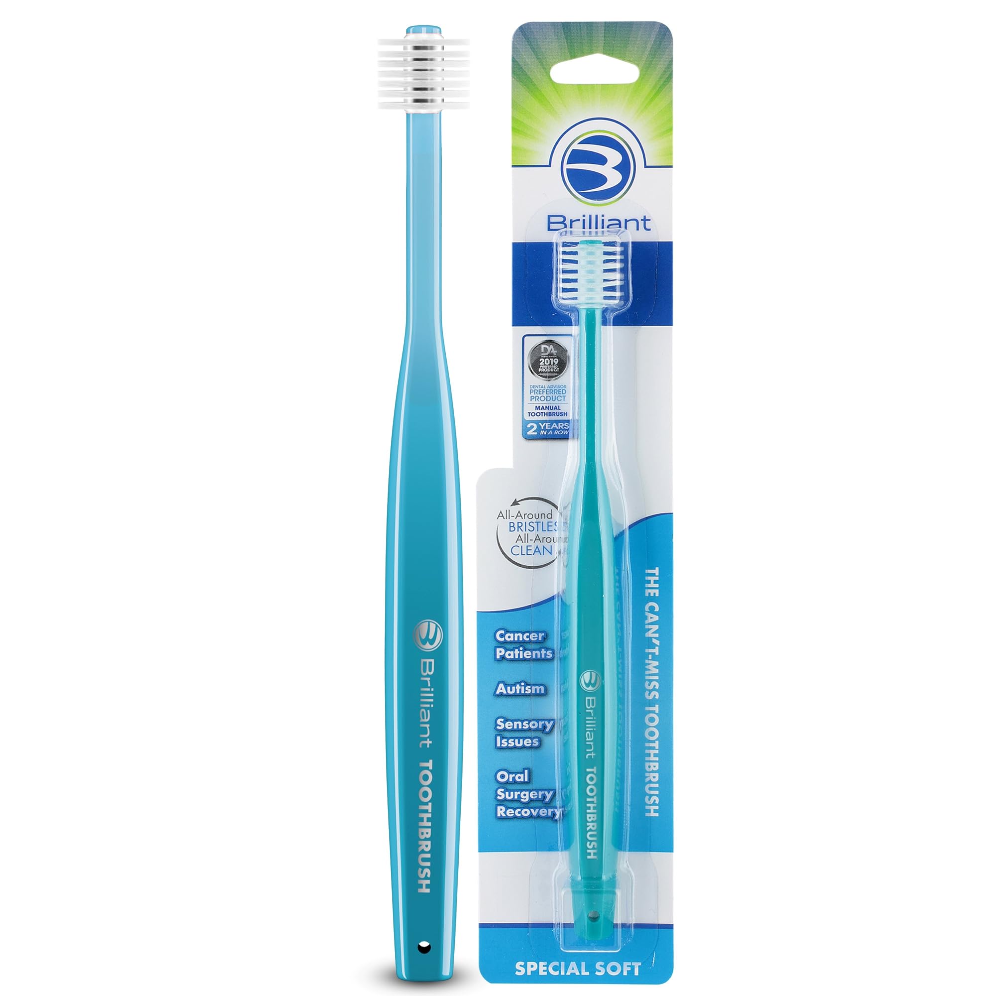 Brilliant Specialty Adult Round Toothbrush for Sensitive Mouths to Support Chemo and Other Sensory Oral Care Needs with Ultra Soft Bristles, Teal, 1 Pack