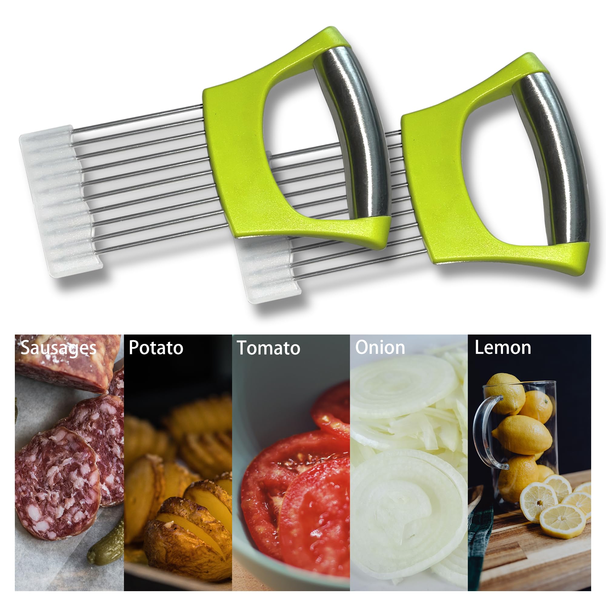 2 PACK Stainless Steel Onion Slicer, Potato Cutter, Lemon, Apple, Tomato, Egg, Meat Slicer/Holder/Chopper, Suitable for Slicing Vegetable, Stainless Steel Cutting Kitchen Gadget/Assistant, Green
