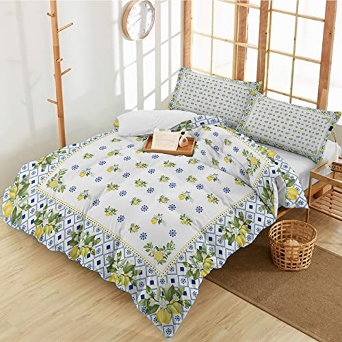 3 Pieces Duvet Cover California King Bedding Sets Summer Lemon Flower and Leaves Luxury Soft Comforter Cover with Pillowcases Retro Tile Lattice on White Microfiber Quilt Covers Set for Bedroom Decor