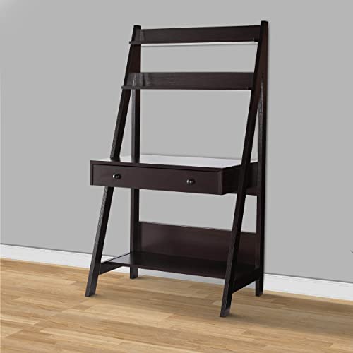 Benzara Contemporary Style Ladder Home Office Desk with 3 Open Shelves and 1 Drawer, Brown