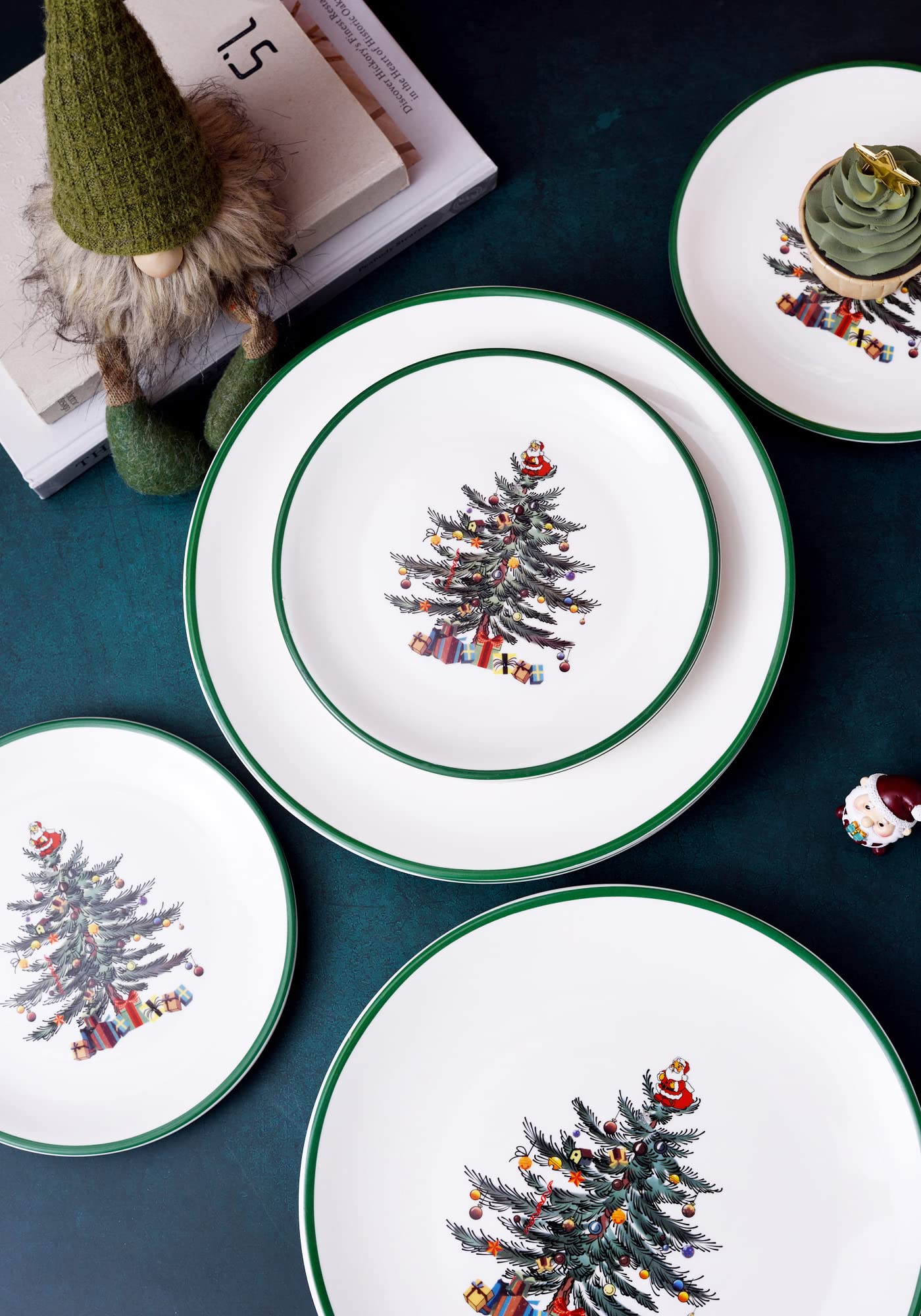 16 Piece Christmas Dishes Dinnerware Sets, Christmas Tree Dinnerware Set with Green Edge, Christmas Porcelain Dinnerware Set for Christmas (4×10.5 Inch Plates, 4×8 Inch Plates, 4×Bowls, 4×Mugs)