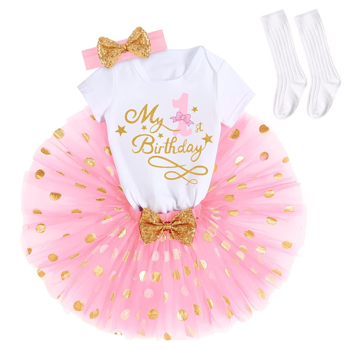 Mini Polka Dots It's My 1/2 /1st /2nd/3rd Birthday 4 Piece Outfits for Cake Smash Romper Bodysuit Tutu Skirt Set Headband Socks Formal Baptism Christening Dance Evening Ball Gown Pink-1st 1T