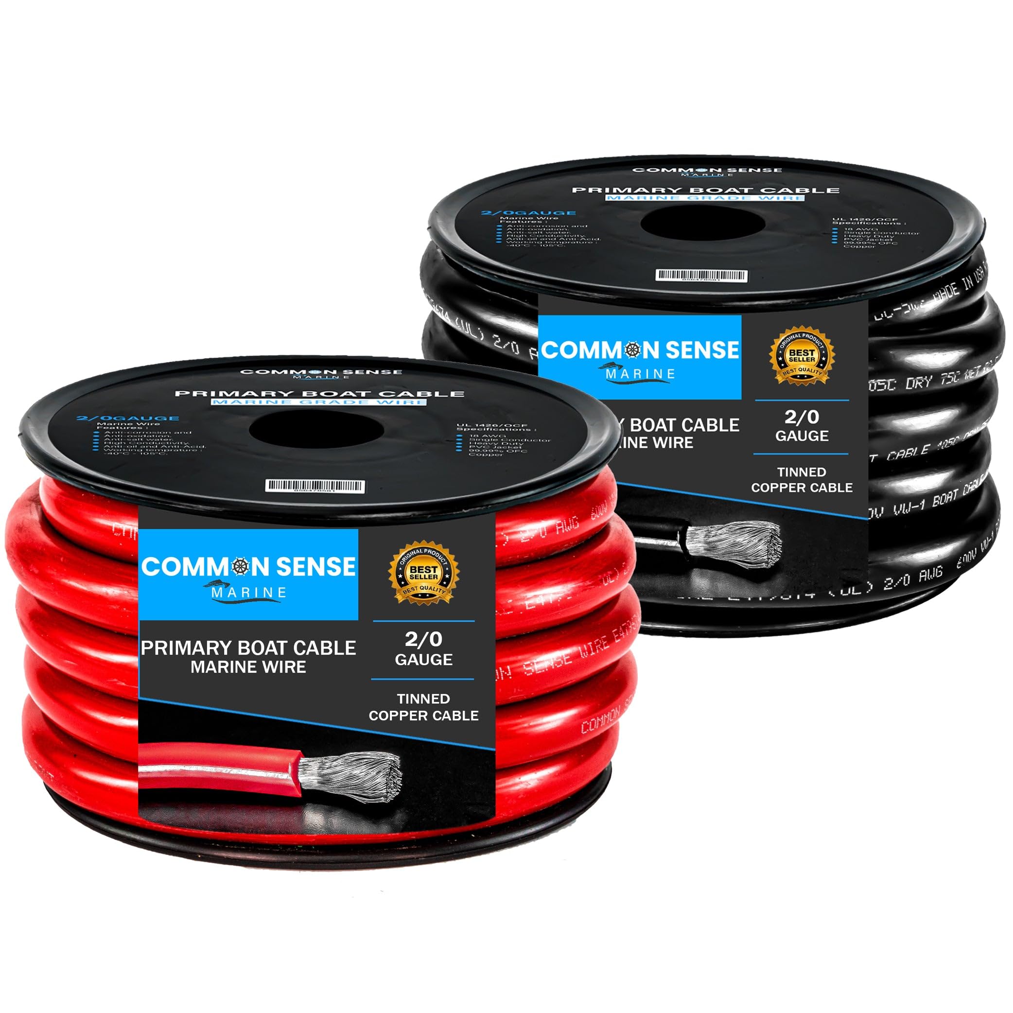 2/0 Gauge Primary Boat Cable - 20 ft Marine Grade Wire Tinned Oxygen-Free Copper - 2/0 AWG UL 1426 Standard PVC Wire for Boat, Automotive, Speakers, Camper & Trailers