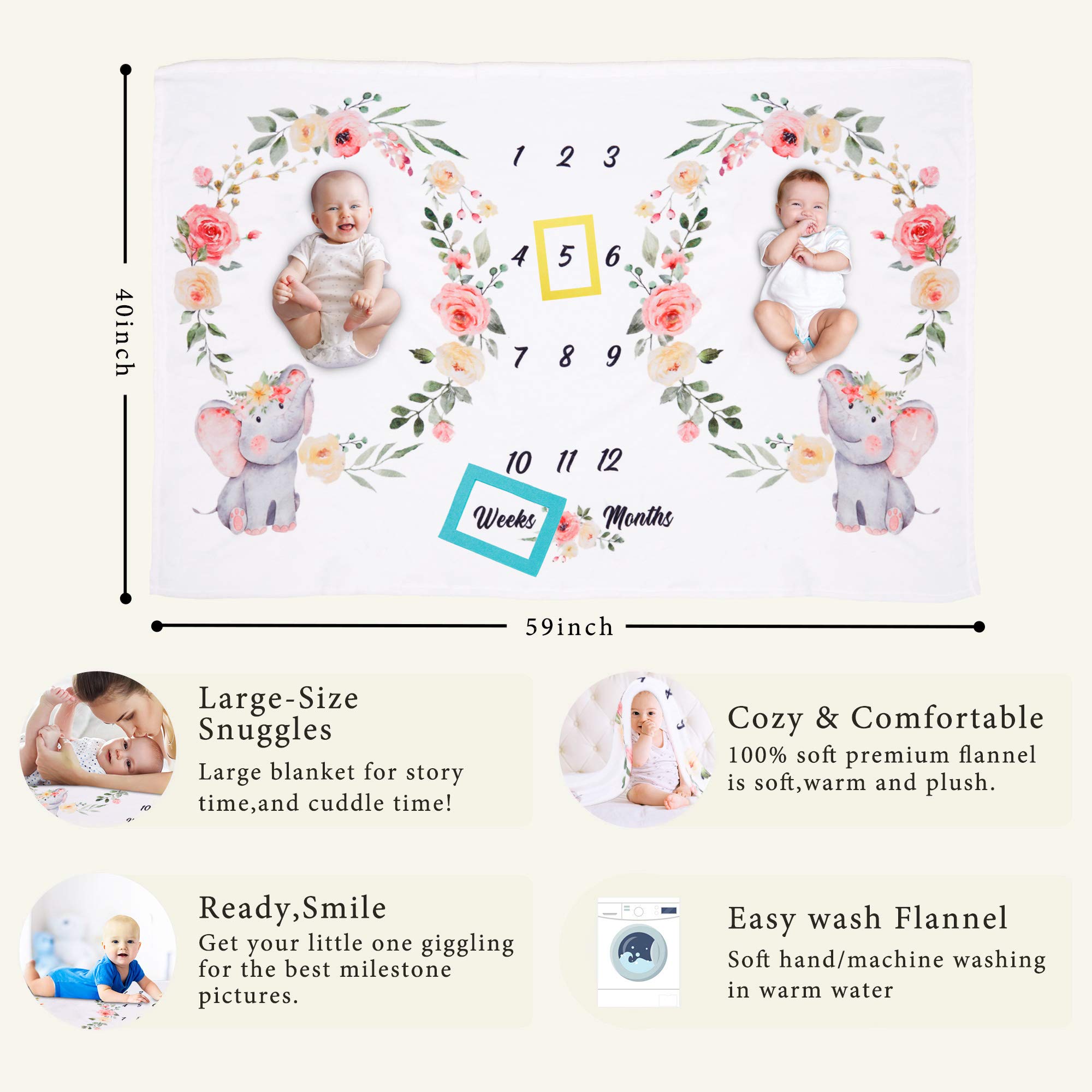 Twin Elephant Milestone Blanket Soft Premium Flannel Fleece Baby Monthly Milestone Blanket Personalized Photography Background Blankets Unisex Twin Gifts