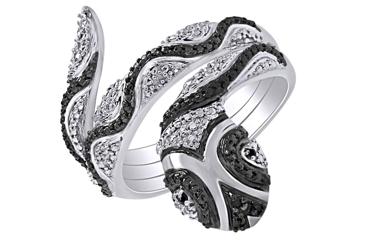 14k White Gold Over Sterling Silver Black Natural Diamond Accent Snake Ring For Women Ring Size-7 (0.01 Carat, Color - Black, Clarity I2-I3)