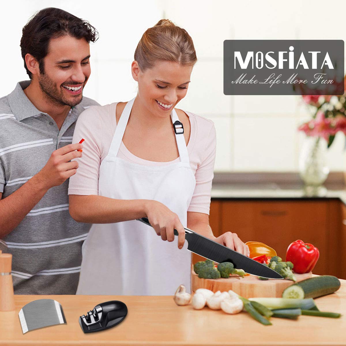 MOSFiATA 8 inch Chef's Knife & 8 inch Tatanium Plated Chef's Knife & 7 inch Santoku Knife