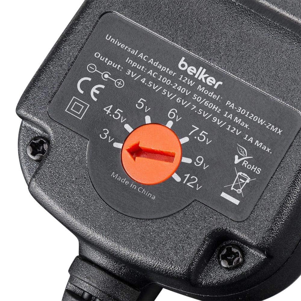 Belker 12W Universal 3V 4.5V 5V 6V 7.5V 9V 12V AC DC Adapter Power Supply for Household Electronics - Max. 1000mA