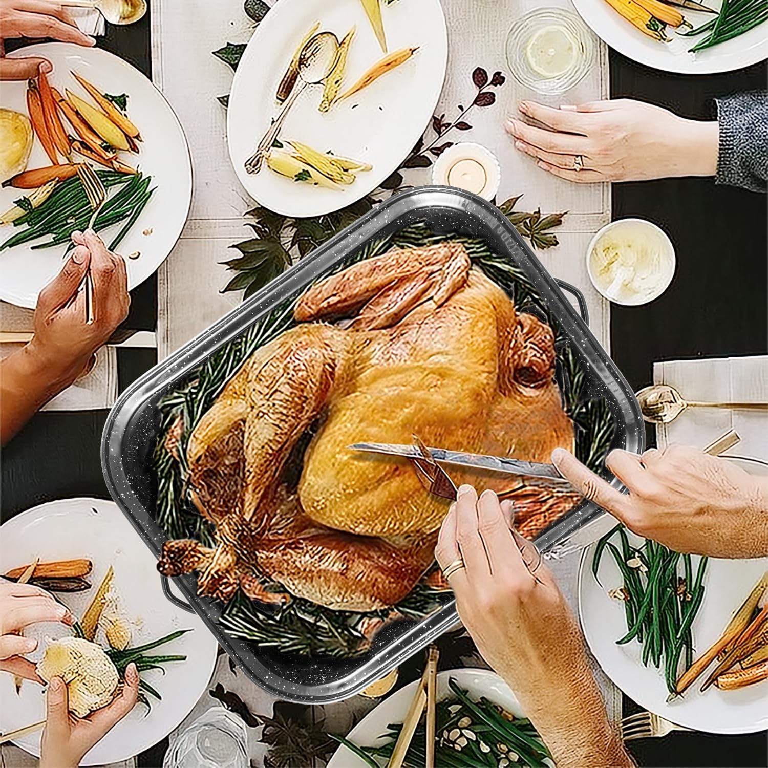 21Inch Roasting Pan, Extra Large Rectangle Roasting Pan With Rack, 25lb Capacity, Large Roaster pan for Baking Turkey, V-Rack and Versatile Lid Bone Turkey Baster by DIMESHY